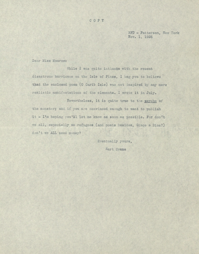Letter from Hart Crane to Harriet Monroe -- 1 November 1926