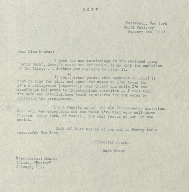 Letter from Hart Crane to Harriet Monroe -- 4 January 1927