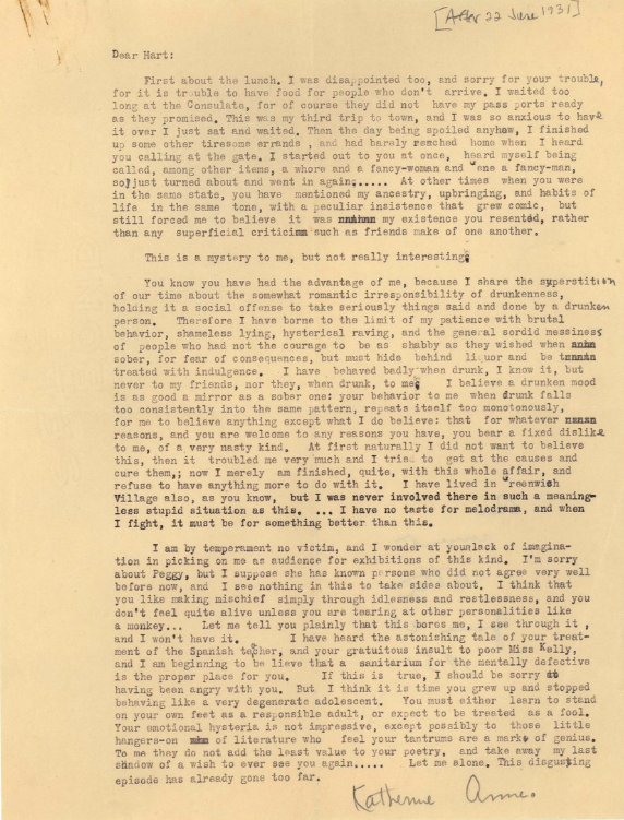 Letter from Katherine Anne Porter to Hart Crane -- 22 June 1931 (recto)