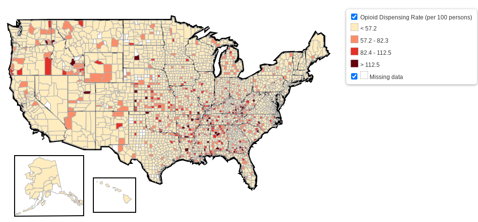 CDC Opioid Prescription Rate Map, 2020